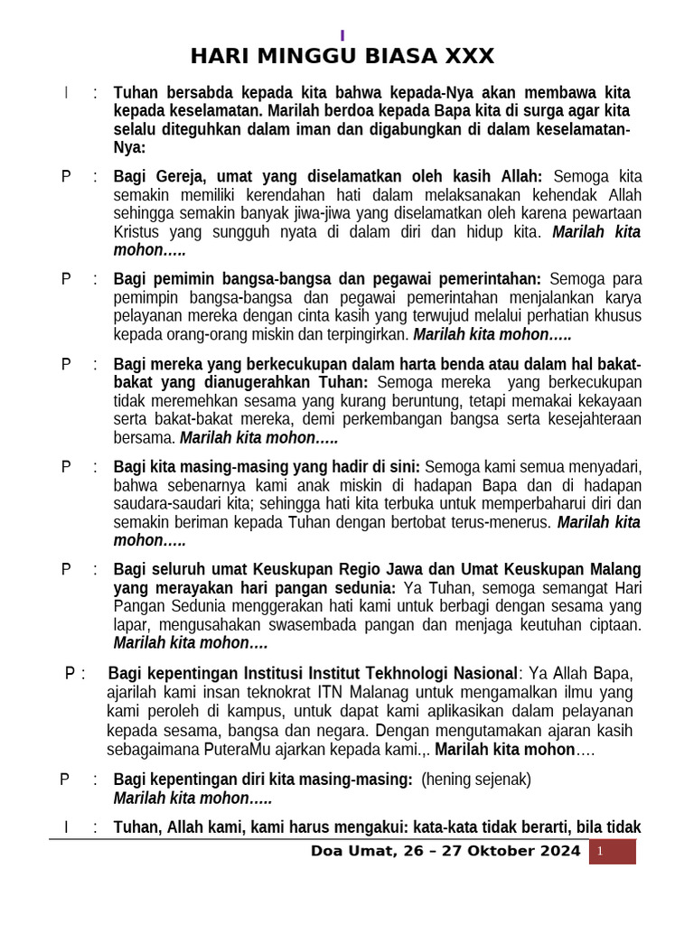 02-Doa Umat Hari Minggu Biasa XXX 27 Okt 2024 | PDF | Kajian Bahasa Asing | Agama & Spiritualitas