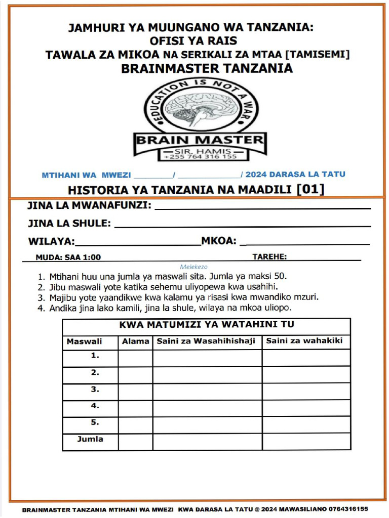 Brainmaster Tanzania G3 Historia Ya Tanzania Na Maadili 2024 | PDF