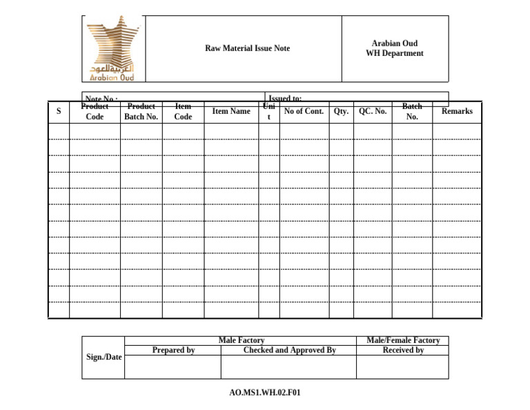 AO - MS1.WH.02.F01 Raw Material Issue Note | PDF