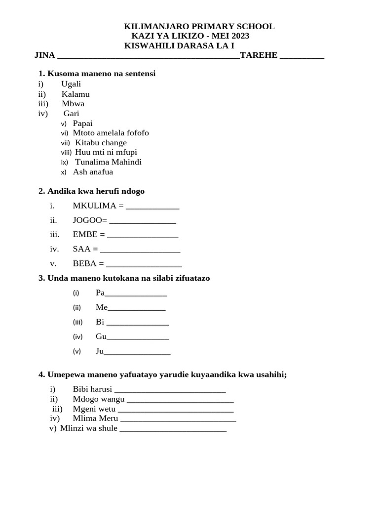 Kiswahili Darasa la Nne: Kazi ya Likizo | PDF