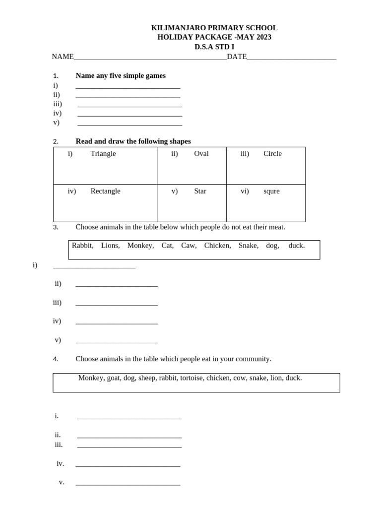 Kilimanjaro Primary School Holiday Package - May 2023 D.S.A STD I | PDF | Games & Activities ...