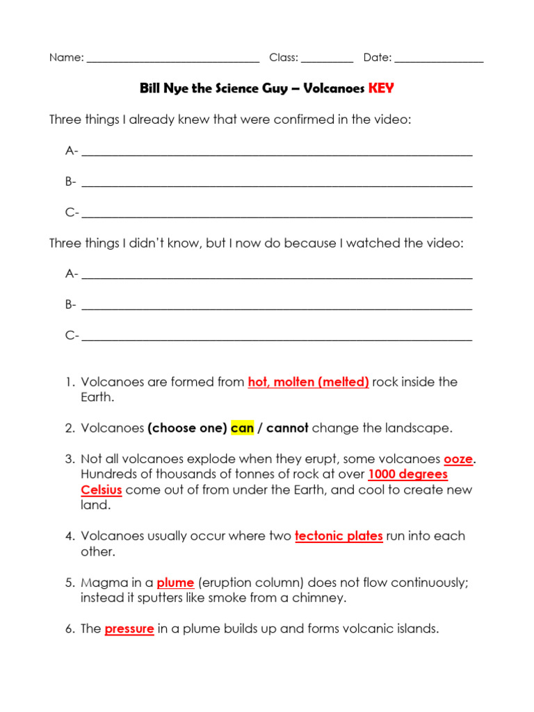 Bill Nye Volcanoes Worksheet Key | PDF | Social Science | Science ...