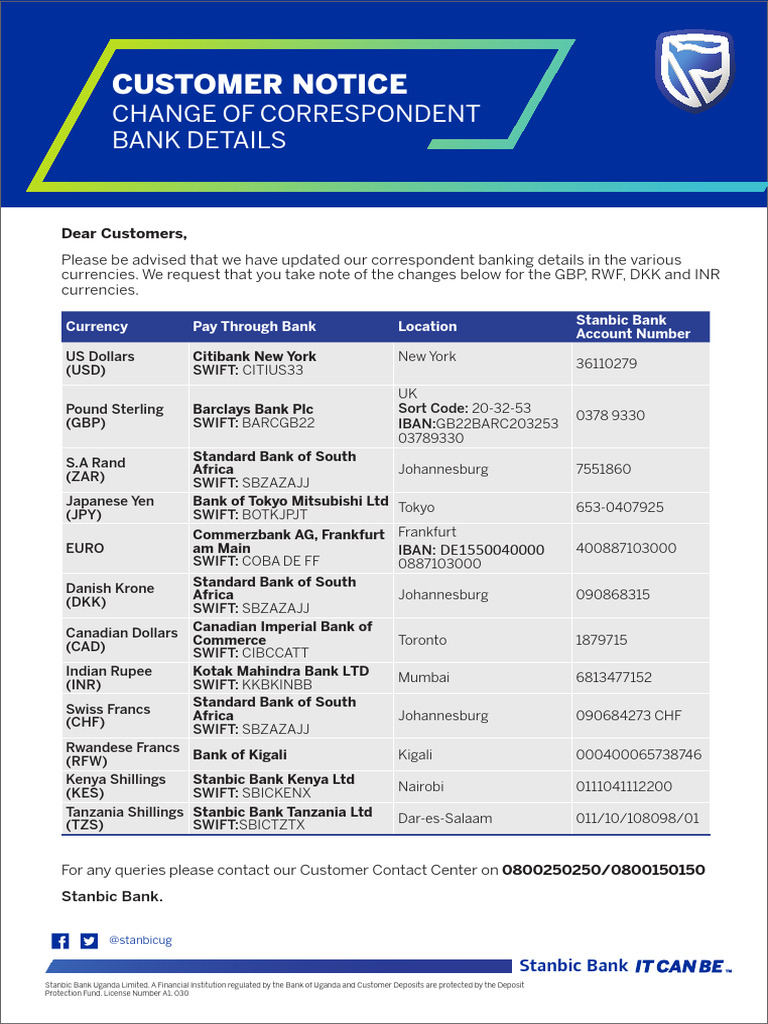 Customer Notice Change of Corresponding Bank | PDF | Pound Sterling ...