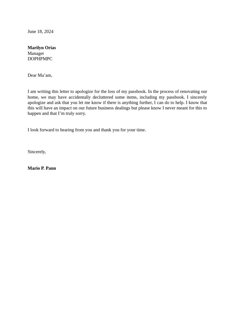 Apology Letter For Loss Item | PDF