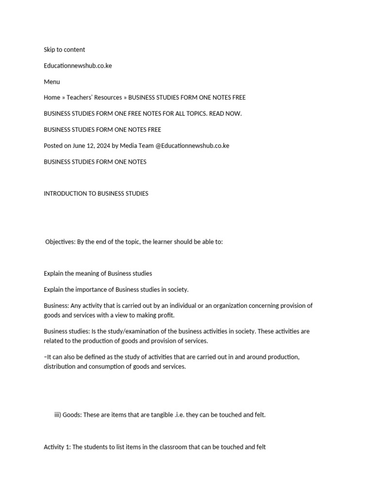 Entrepreneurship Form 1 Notes | PDF | Entrepreneurship | Goods