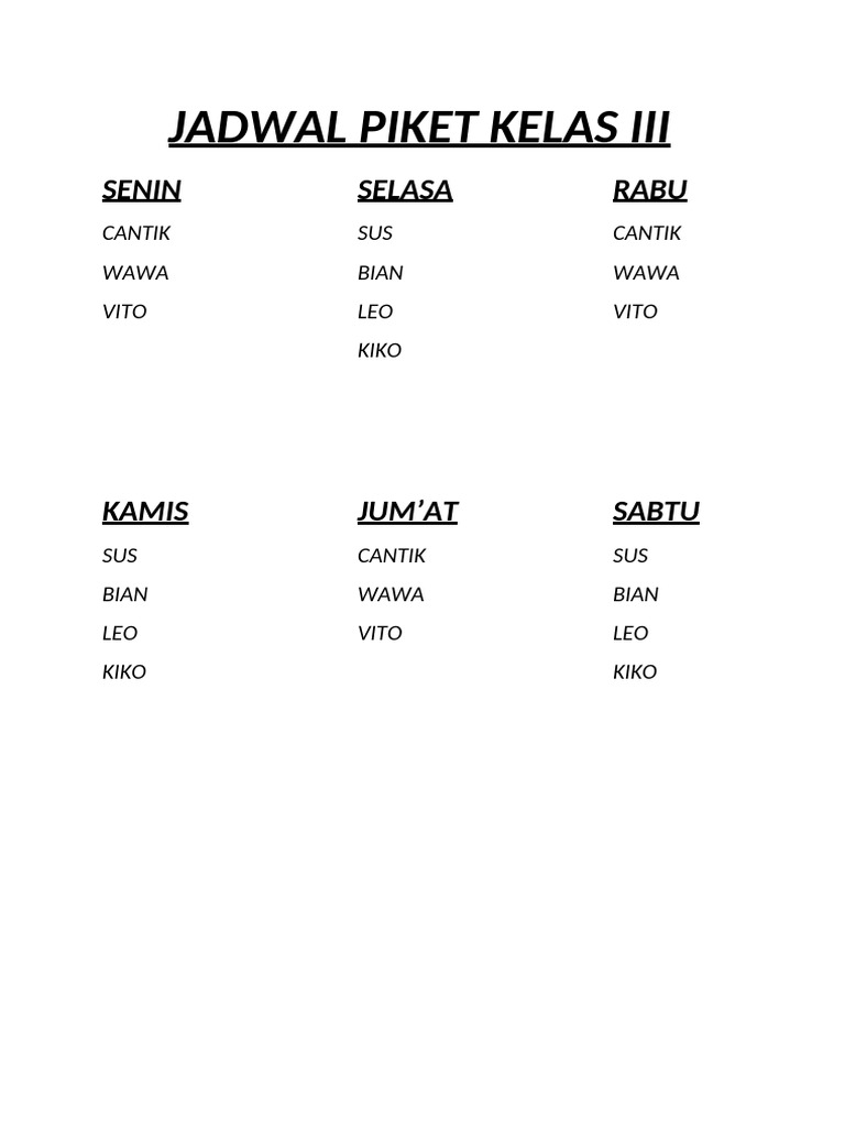 Jadwal Piket Kelas III | PDF