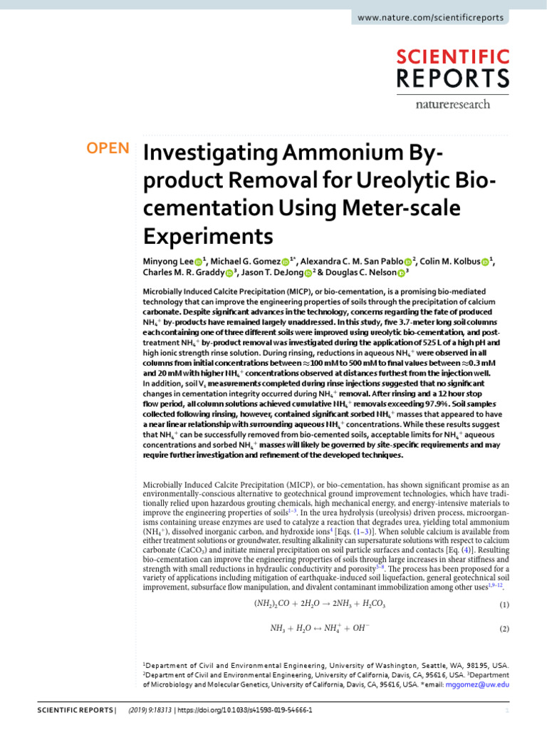 Investigating Ammonium By-Product Removal For Ureolytic Bio - Cementation Using Meter-Scale ...