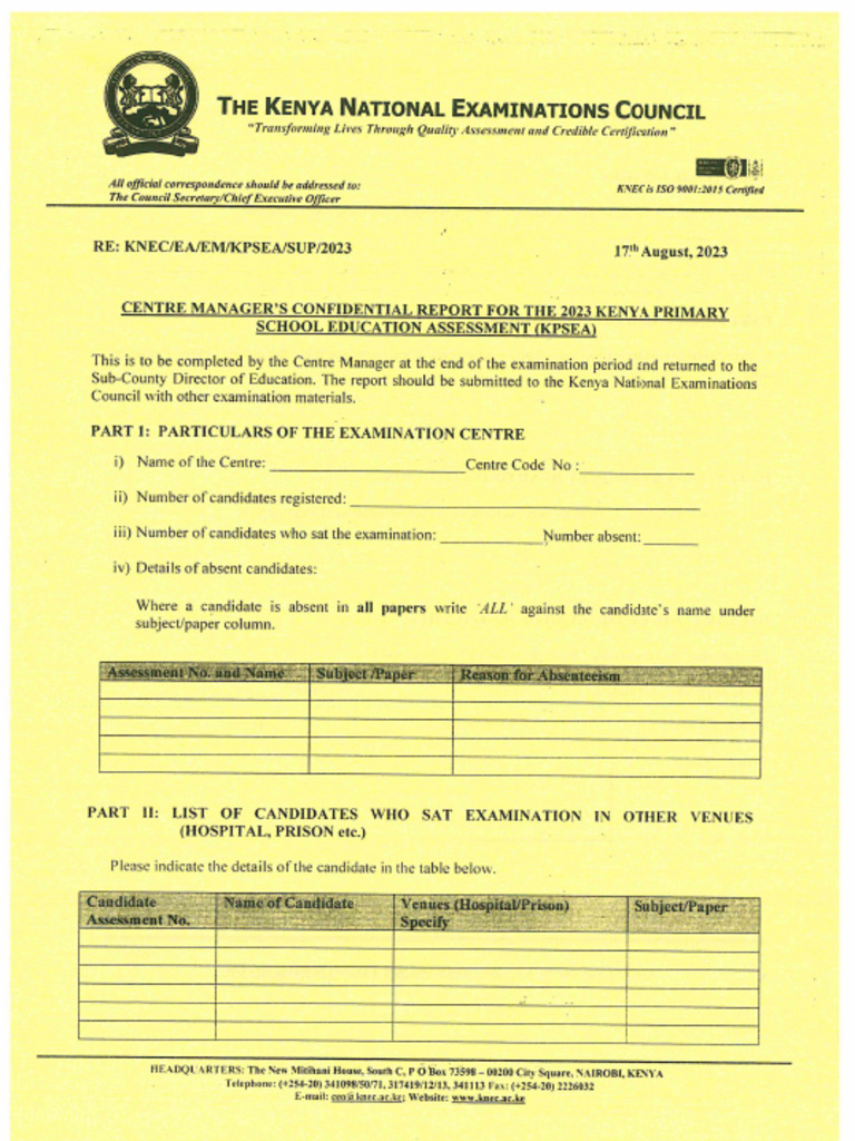 Centre Managers Confidential Report For The 2023 KPSEA Examination | PDF