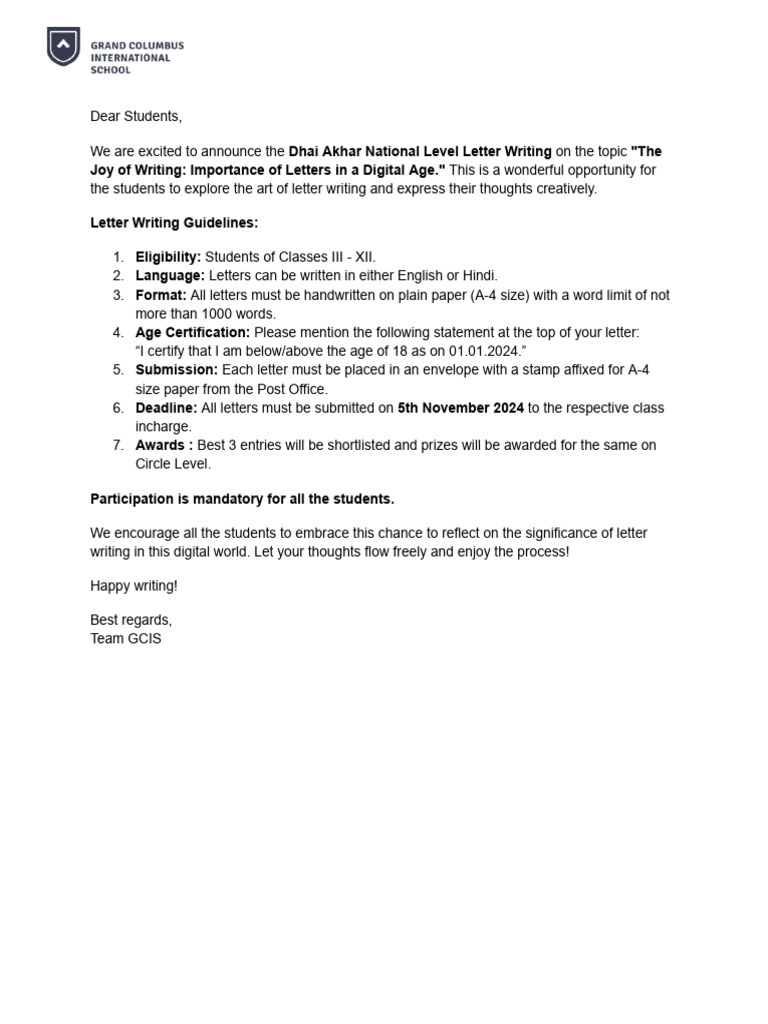 Dhai Akhar Letter Writing Competition | PDF | Career & Growth
