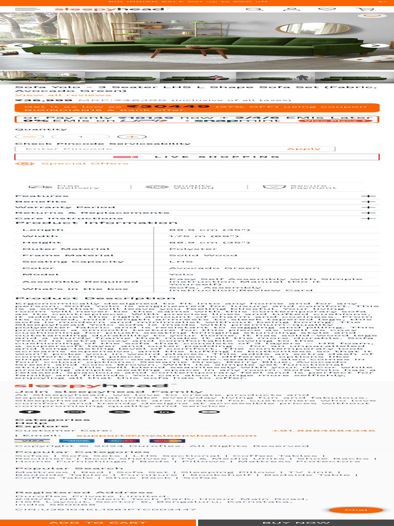Buy Yolo 3-Seater LHS L-Shape Green Color Sofa Set Sleepyhead | PDF | Mattress | Pillow