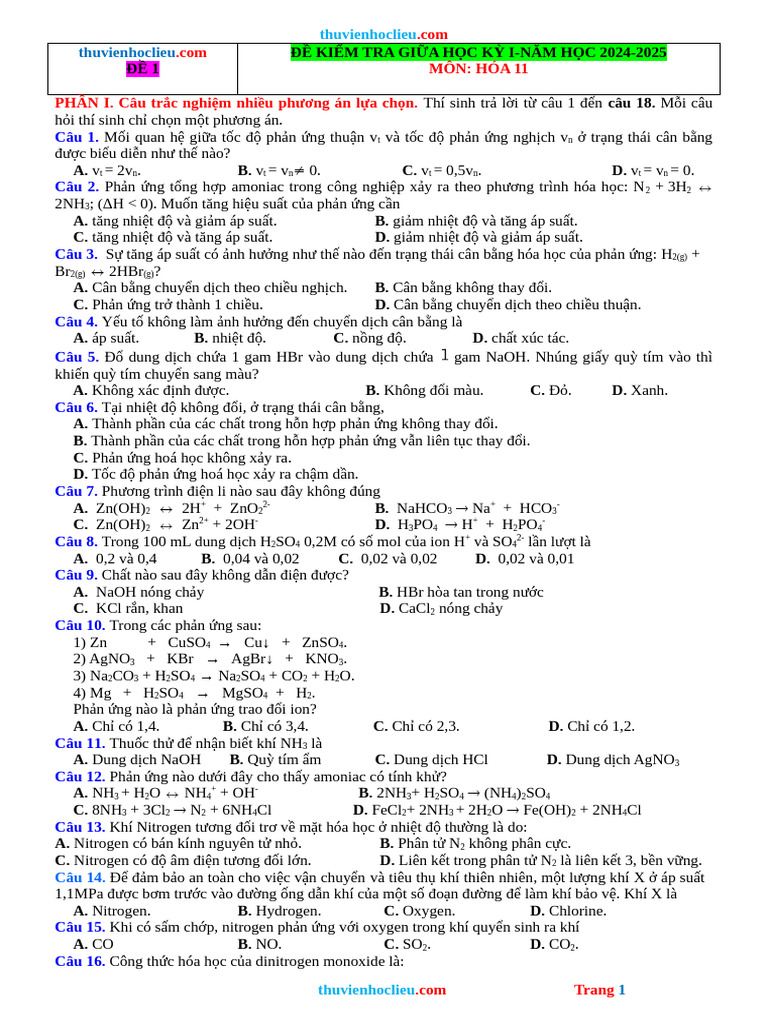 Bo de On Tap Giua HK1 Hoa 11 CTM 24 25 | PDF