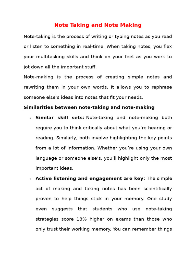 Note Taking and Note Making | PDF | Neuroscience | Mental Processes