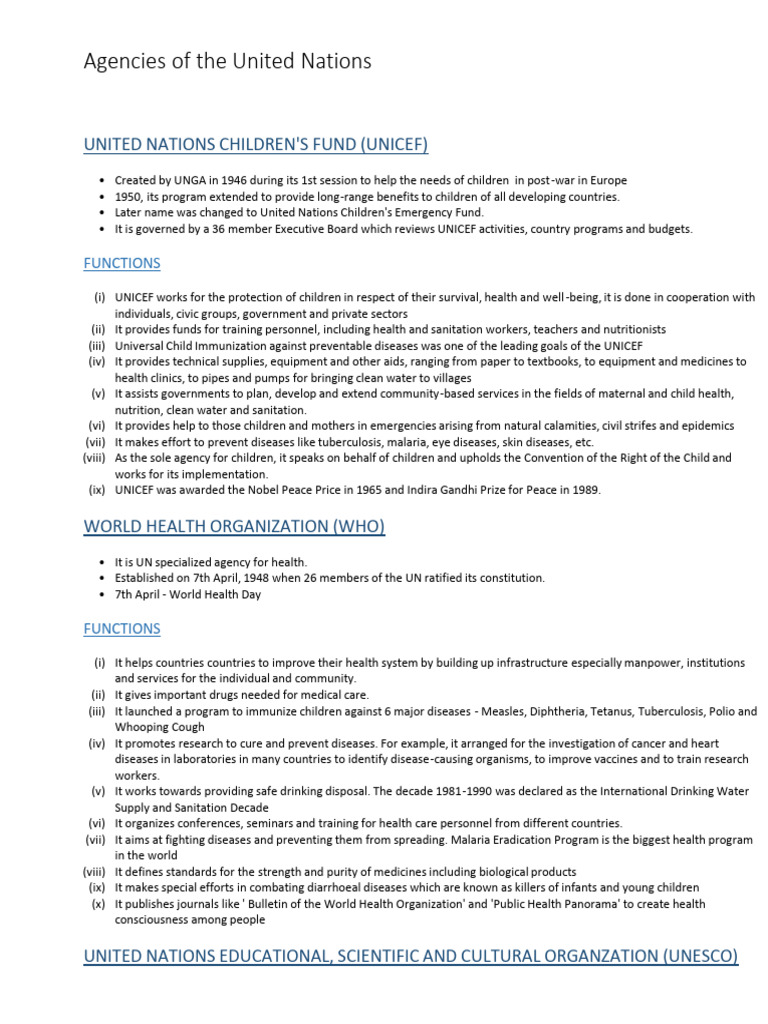 Agencies of The United Nations | PDF | Unicef | World Health Organization
