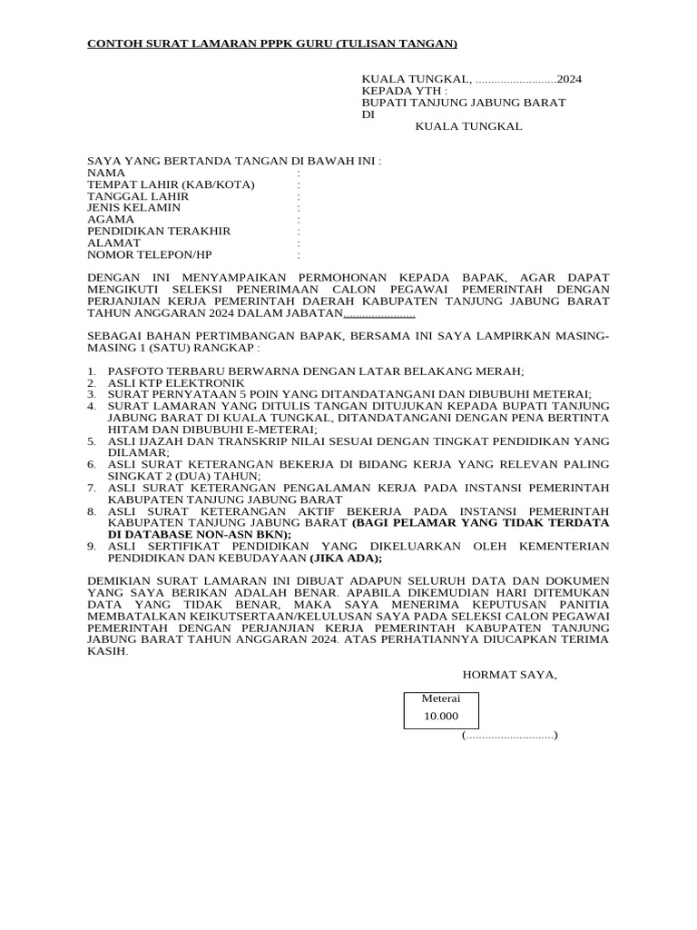 Contoh Surat Lamaran PPPK Guru | PDF