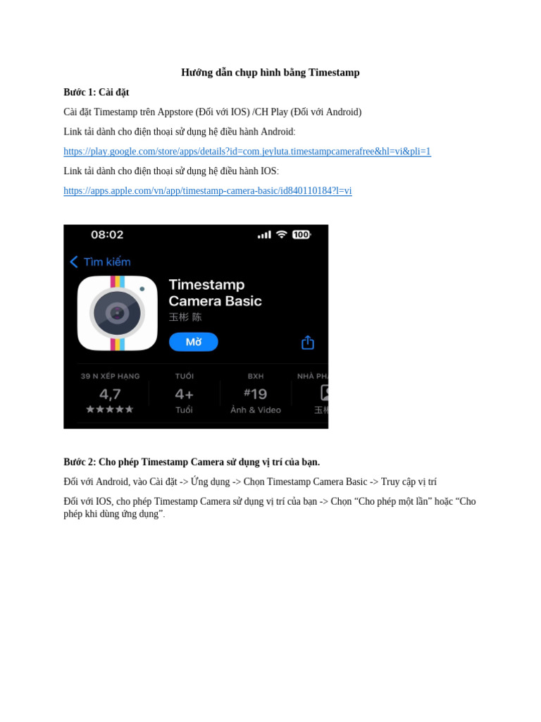Hướng dẫn chụp hình bằng Timestamp | PDF