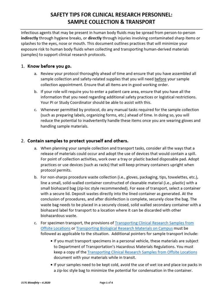 Clinical Research Sample Collection and Transport | PDF | Personal ...