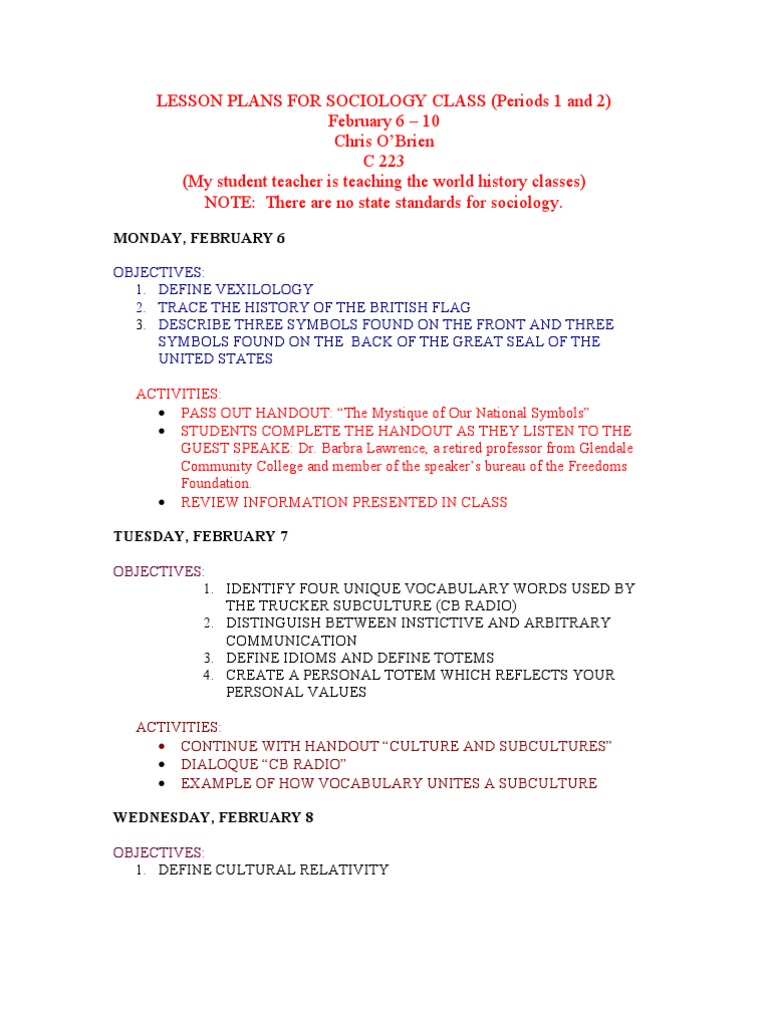 Lesson Plans For Sociology Class | PDF