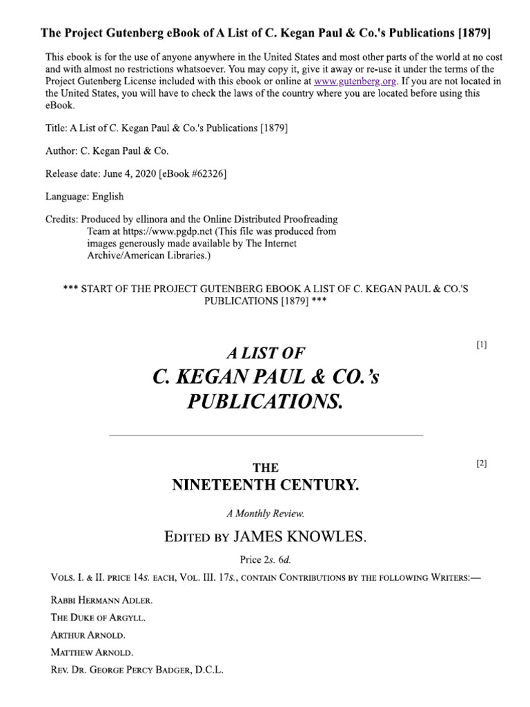 A List of C. Kegan Paul & Co.'s Publications (1879) | PDF