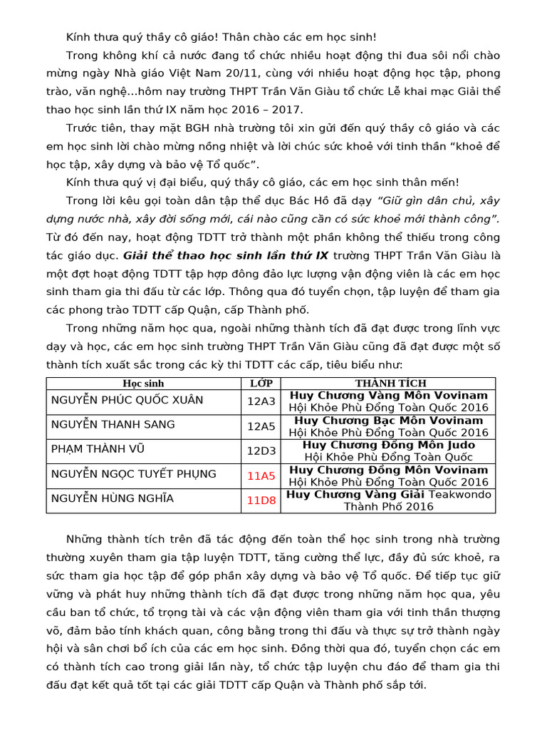 Bai Phat Bieu Giai The Thao Hoc Sinh - MR Thinh | PDF