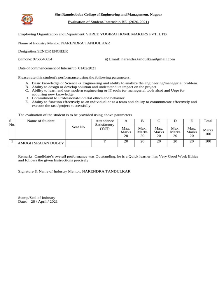 FS 29 RCOEM Internship Evaluation (External) | PDF | Technology ...