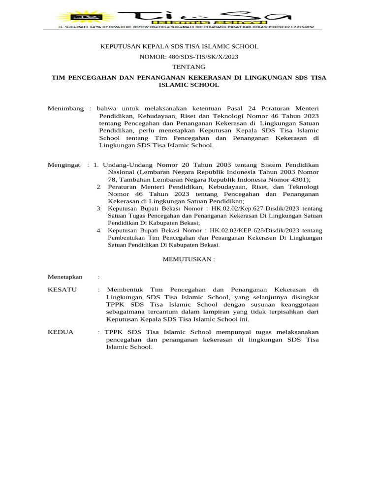 Tim Pencegahan Kekerasan SDS Tisa | PDF