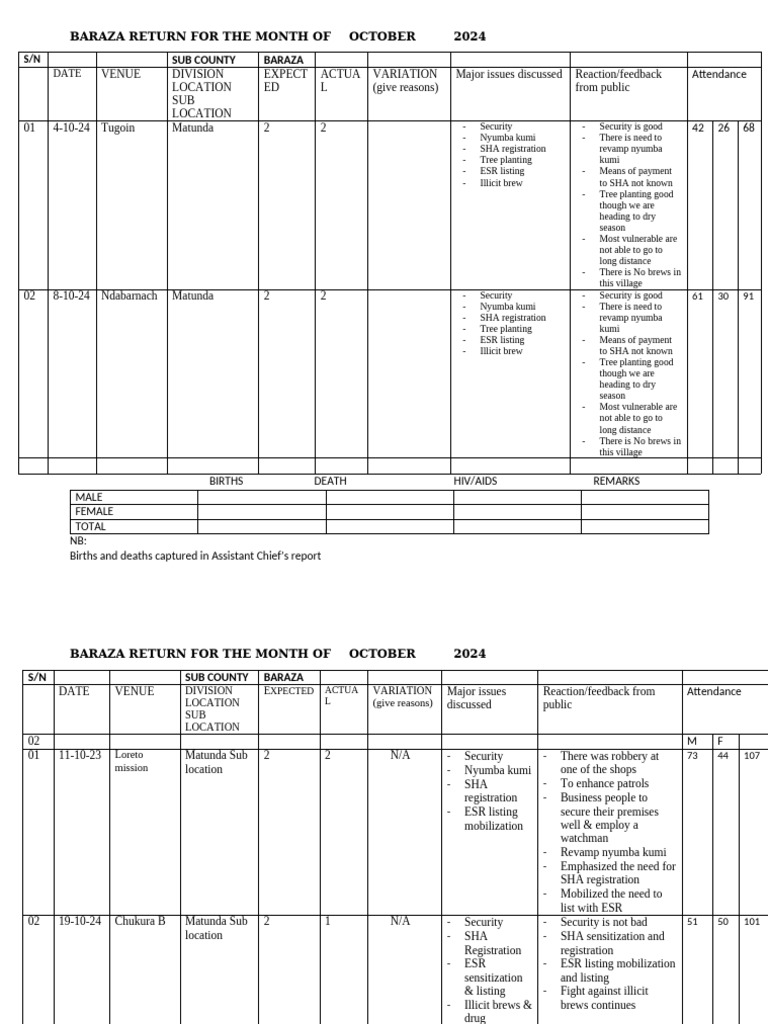 Baraza Return For The Month of October 2024 | PDF | Lentiviruses | Sexually Transmitted Diseases ...