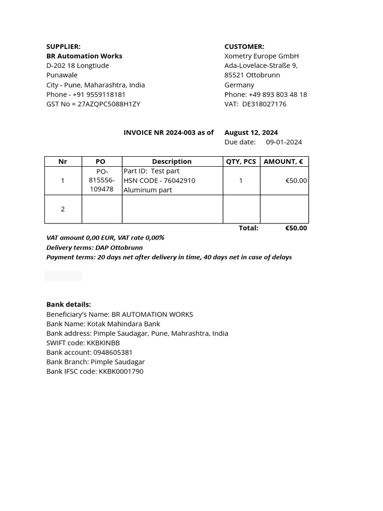 Invoice 2024-003 for PO 0016 | PDF