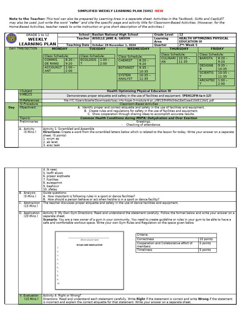 SHS Weekly Learning Plan: HOPE III | PDF | Learning