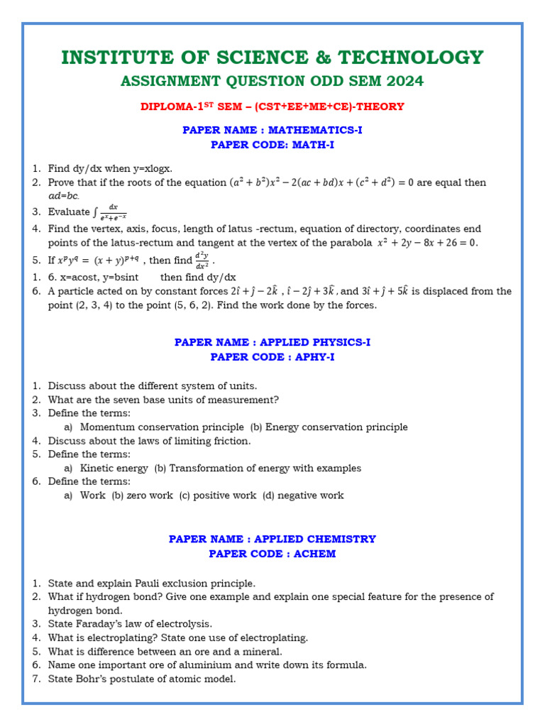 Assignment Questions of Diploma - 1ST, 3RD & 5TH Sem For Odd Sem 2024 | PDF | Internet Of Things ...