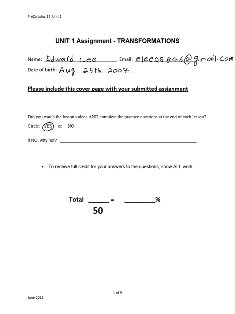 PreCalculus 12 Unit 1 July 2023 | PDF | Function (Mathematics ...