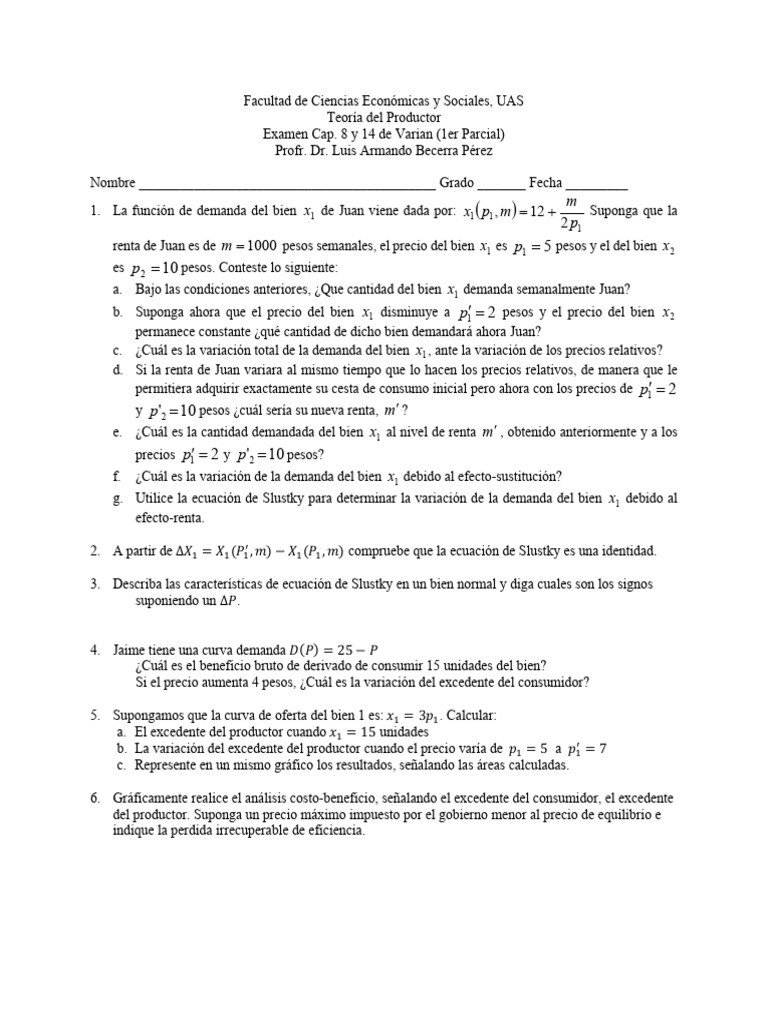 1er Examen TP, 2024 | PDF | Excedente económico | Precios
