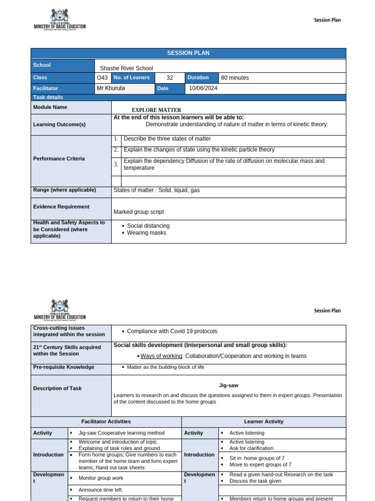 Explore Matter Session Plan for Class O43 | PDF | Learning | Matter
