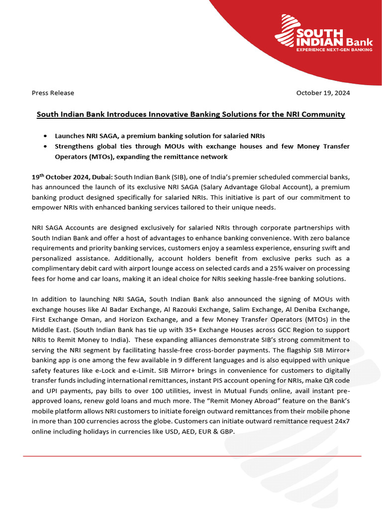 Press Release - South Indian Bank Introduces Innovative Banking ...