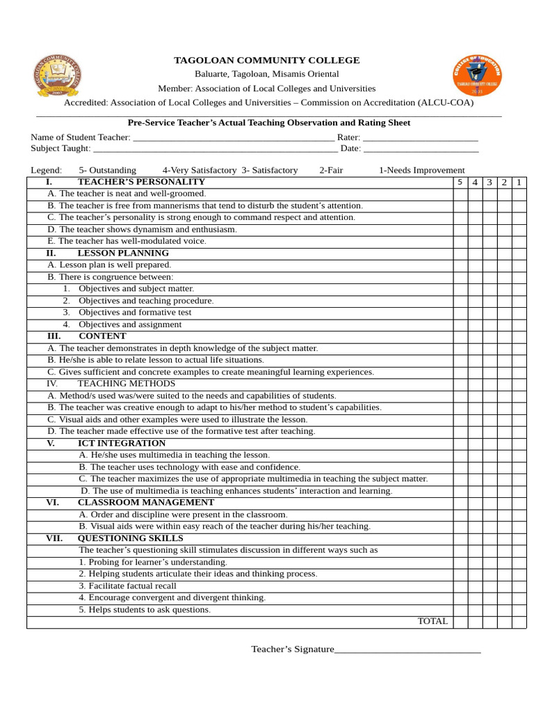 Teachers Actual Teaching OBServation and Rating Sheet 1 2 | PDF ...