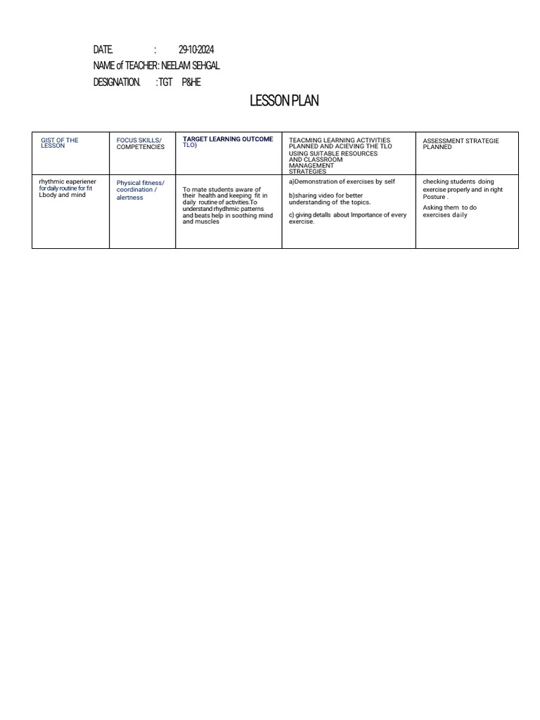 Lesson Plan for Daily Fitness Routine | PDF