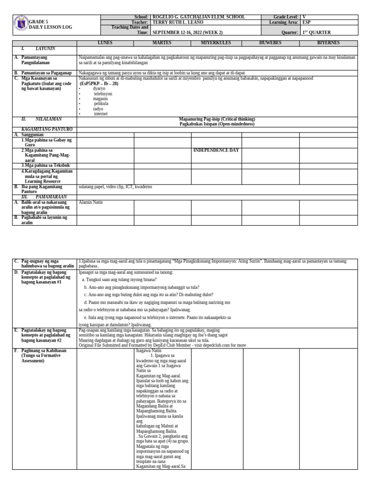 DLL - Esp 5 - Q1 - W2 | PDF