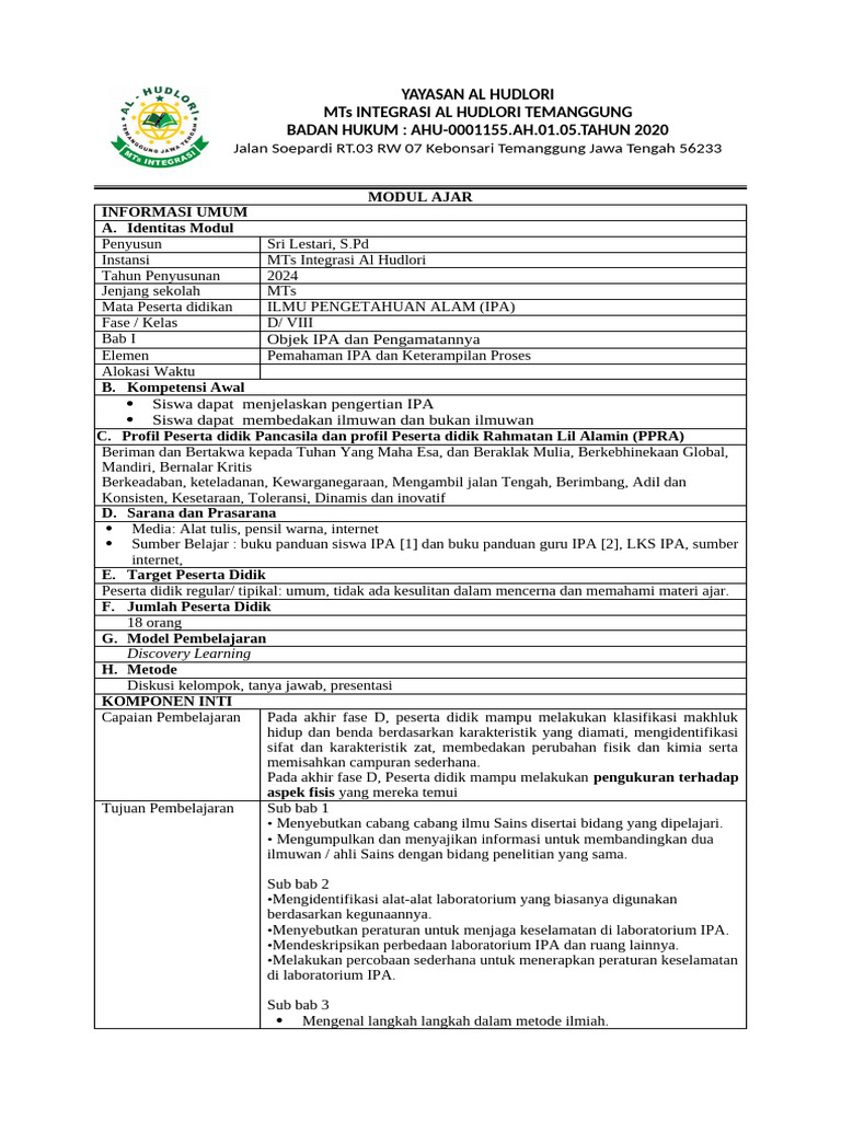 Modul Ajar Ipa Bab I Vii Smt1 | PDF
