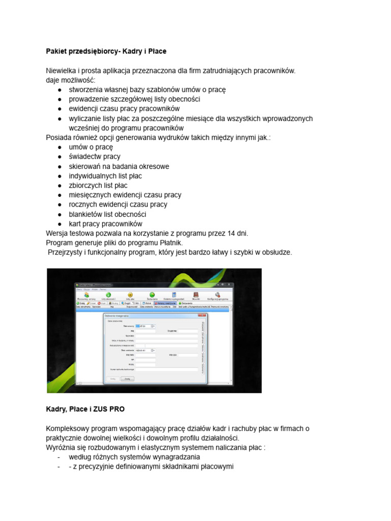 Programy Kadrowo-Płacowe | PDF