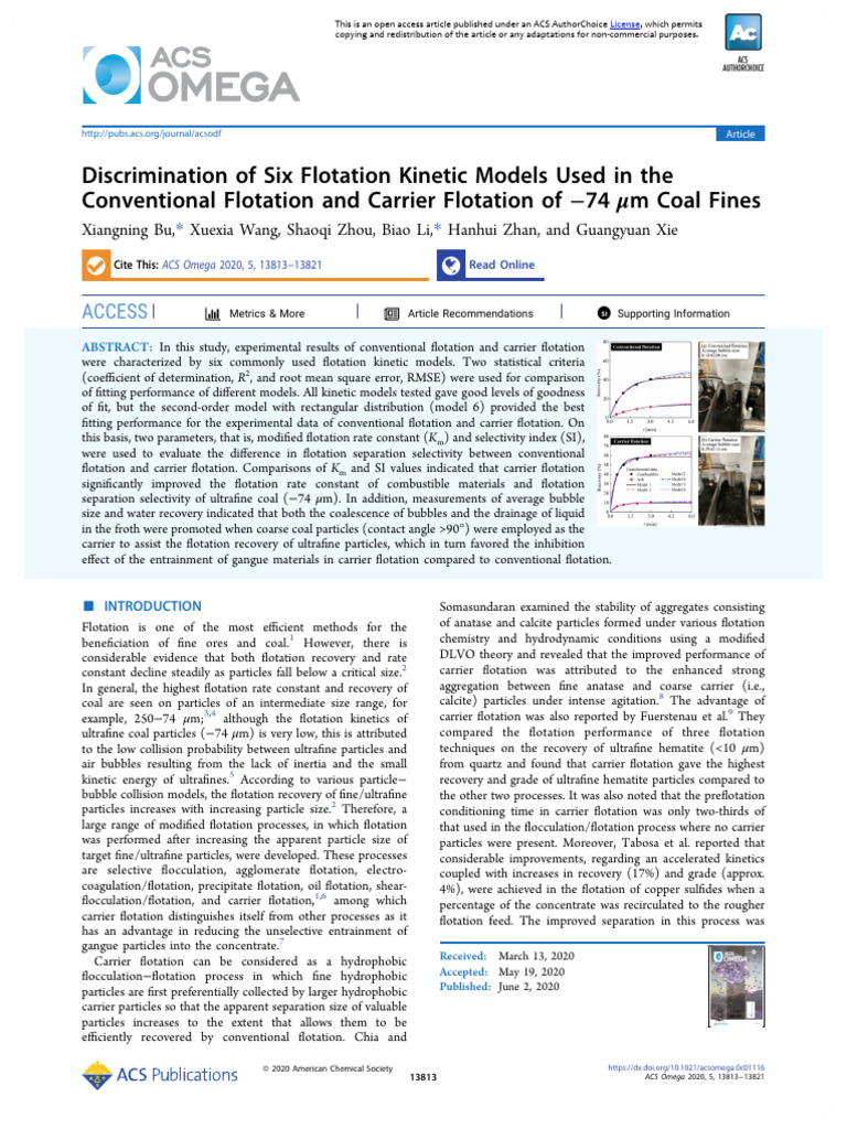 Bu Et Al 2020 Discrimination of Six Flotation Kinetic Models Used in The Conventional Flotation ...