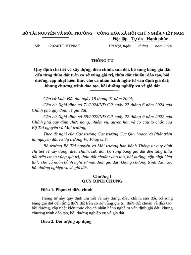 20240712. Thông tư vùng giá trị thửa đất chuẩn | PDF