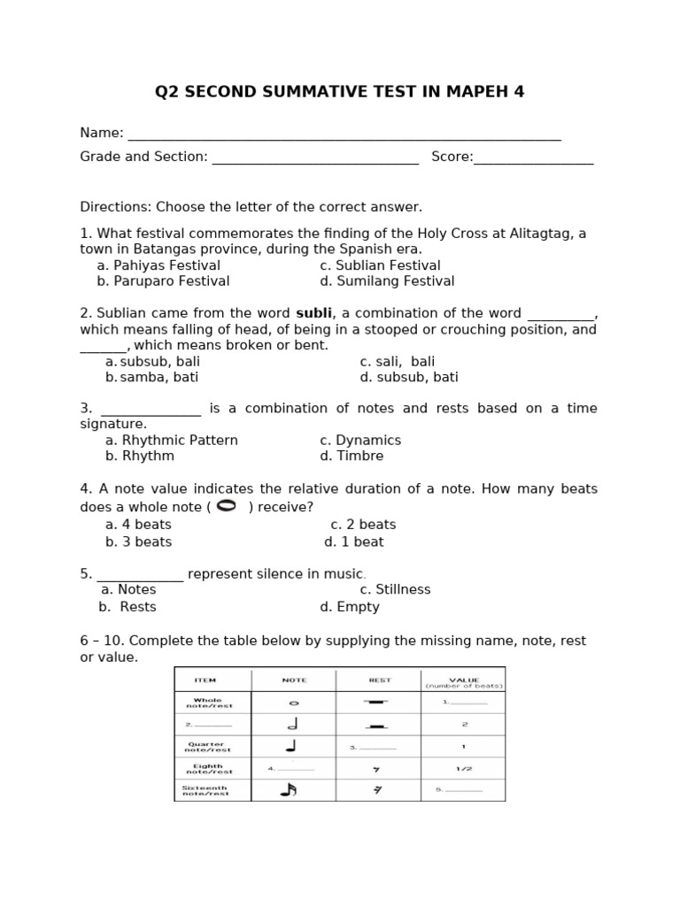 Q2-WEEK 3-4 MAPEH 4-2nd SUMMATIVE | PDF | Rhythm