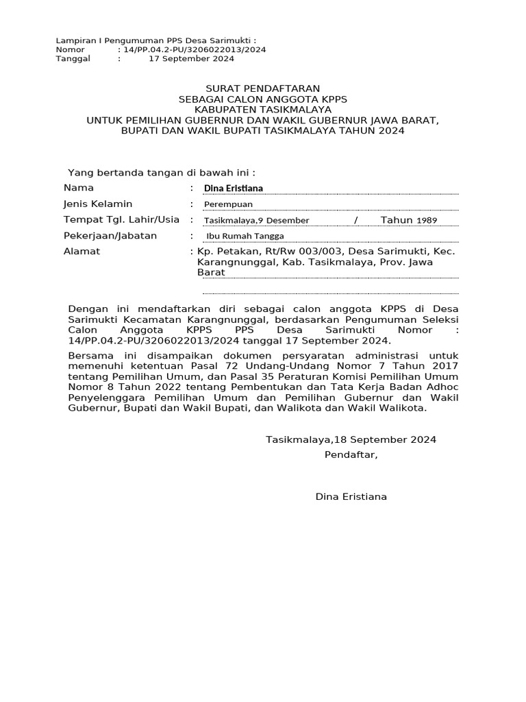Formulir Kpps Dina Eristiana | PDF