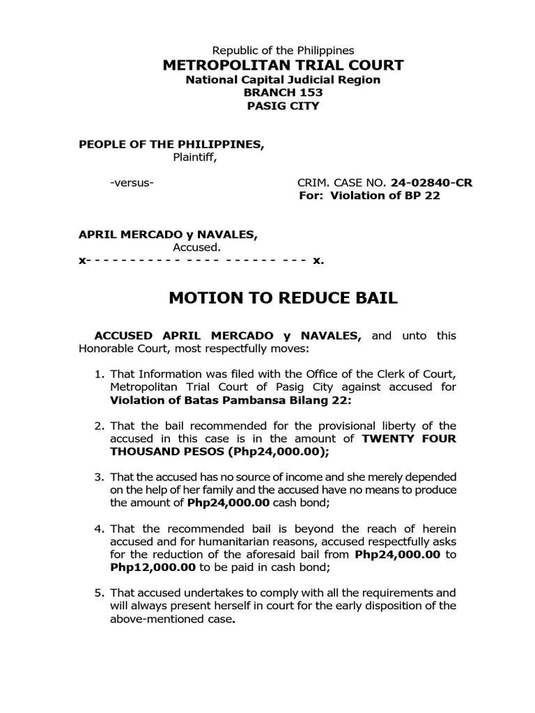 Motion To Reduce Bail | PDF | Bail | Separation Of Powers