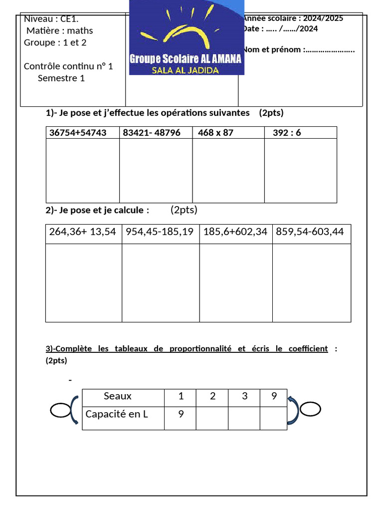 Contrôle de maths CE1 - Semestre 1 | PDF