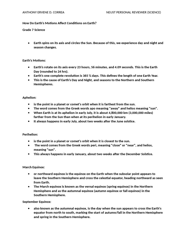 Earth's Motion and Conditions (TEXT) | PDF | Apsis | Equator