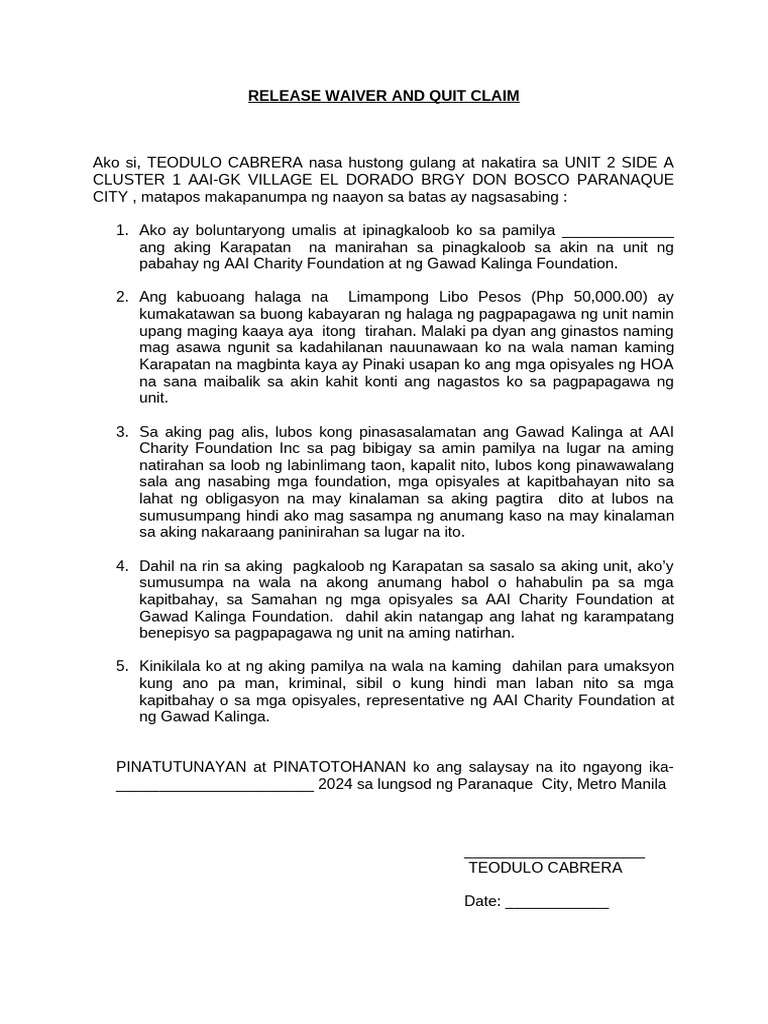 Release Waiver and Quit Claim Tagalog | PDF