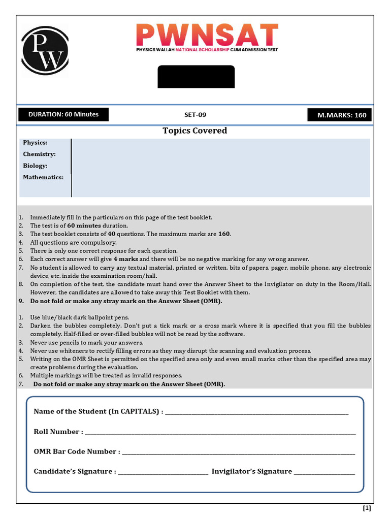 PWNSAT Class 10th Set 09 Questions | PDF | Optics | Refractive Index