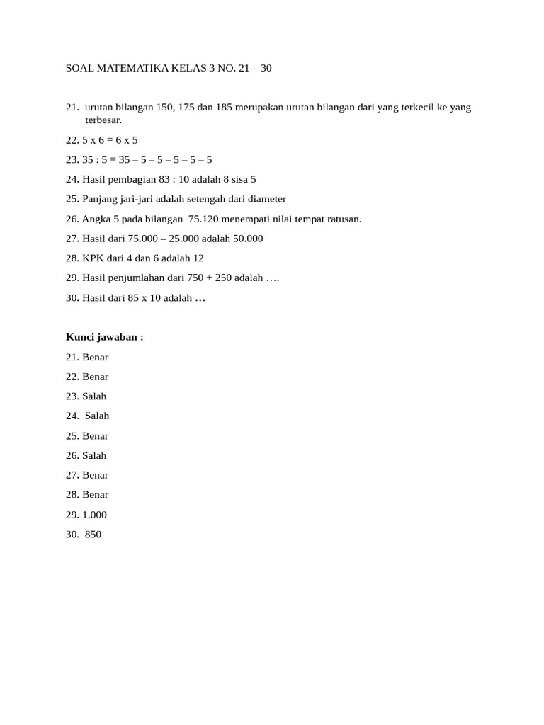 Soal Matematika Kelas 3 No 21-30 | PDF | Metode & Bahan Ajar