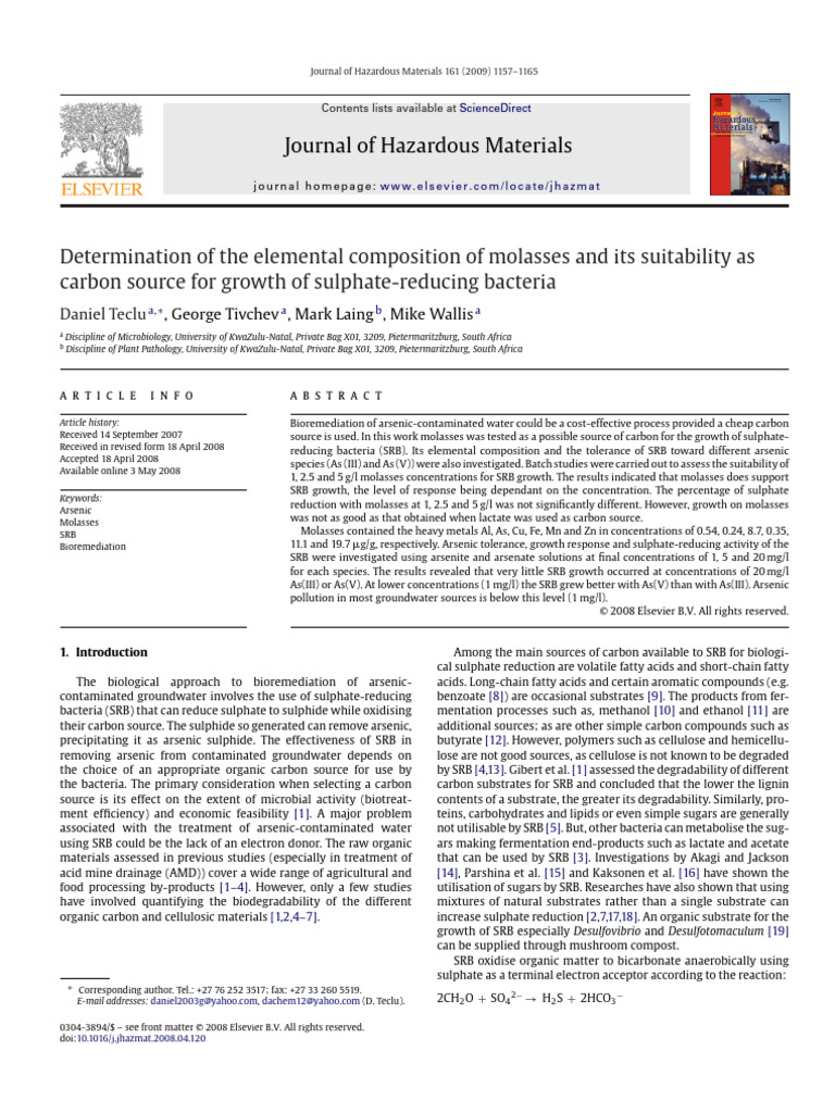Molasses as Carbon Source for SRB | PDF | Arsenic | Redox