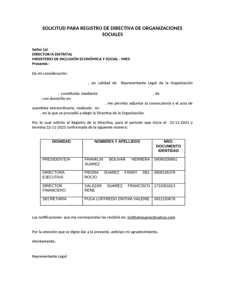 Solicitud para Registro de Directiva de Organizaciones Sociales | PDF | Ciencias sociales | Derecho